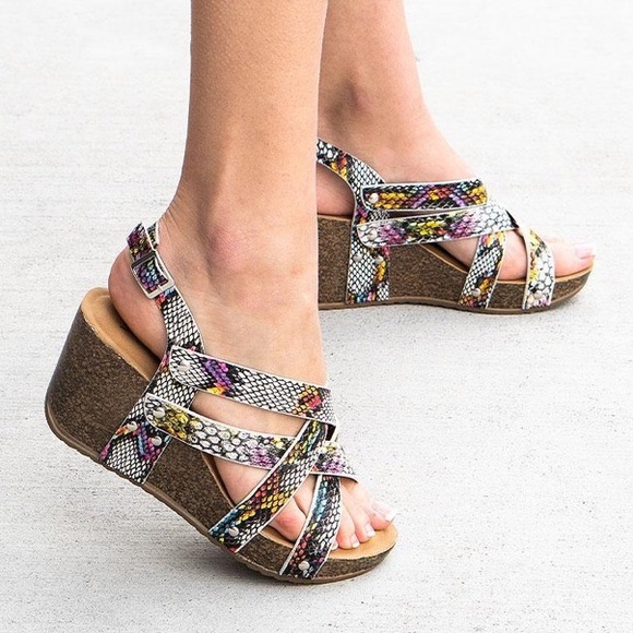 Shoes | Multi Color Snake Skin Wedge Platform Sandals | Poshmark